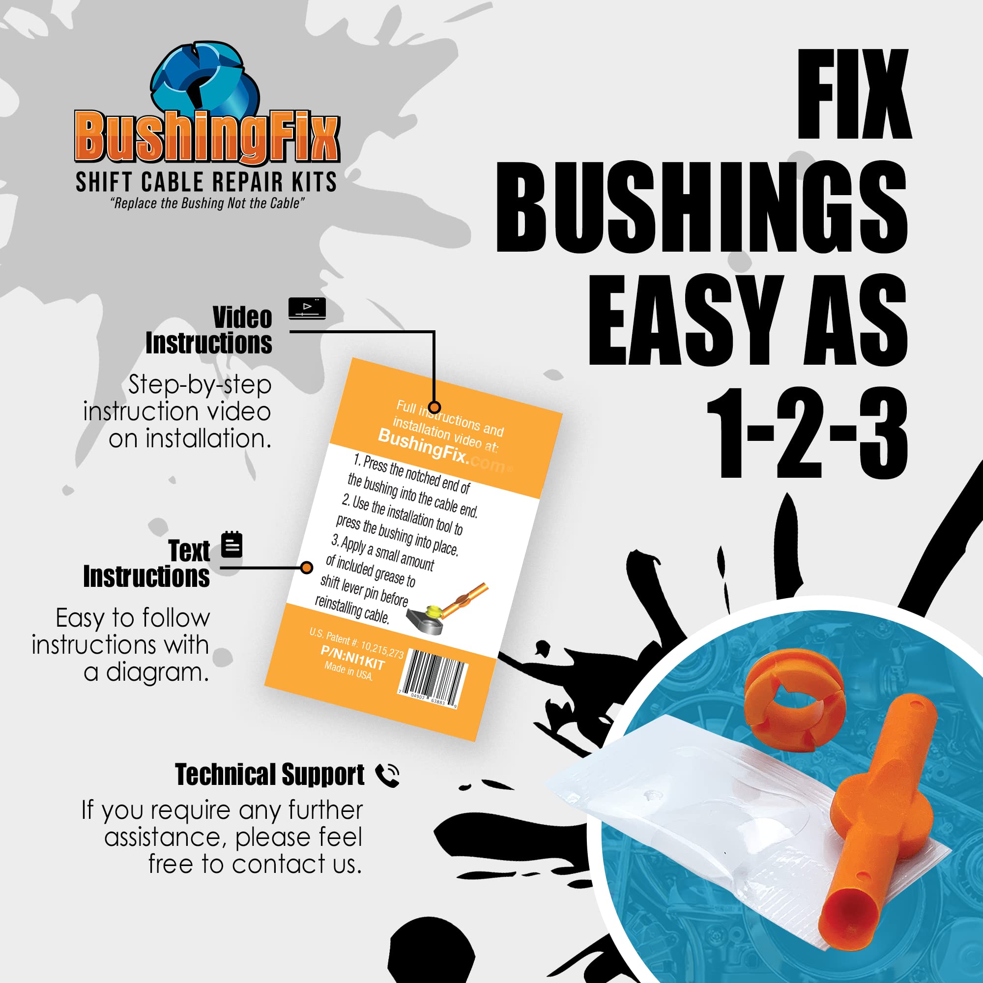 BushingFix NI1KIT - Transmission Shift Cable Bushing Repair Kit - Automatic Transmission Linkage Repair Kit, Transmission Repair Kit, Shifter Cable Bushing Fix, Shift Linkage Bushing Replacement