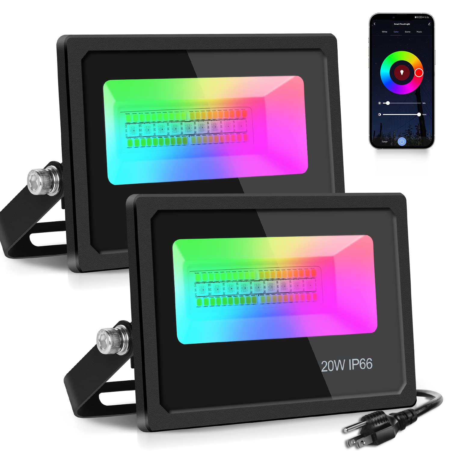 Wysman Smart WiFi Flood Light, Work with Alexa&Google Home, Outdoor Dimmable RGB Color Changing 2700K-6500K, 20W 2000LM Equivalent to 140W Stage Lights, Wall Washer for Landscape Garden Party, 2 Pack
