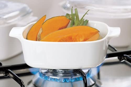 CorningWare 4 Piece Pyroceram Classic Casseroles 2.4 qt/2.25L Round & 2.1 qt/2L Square Cooking Pots With Handles & Glass Lid - White