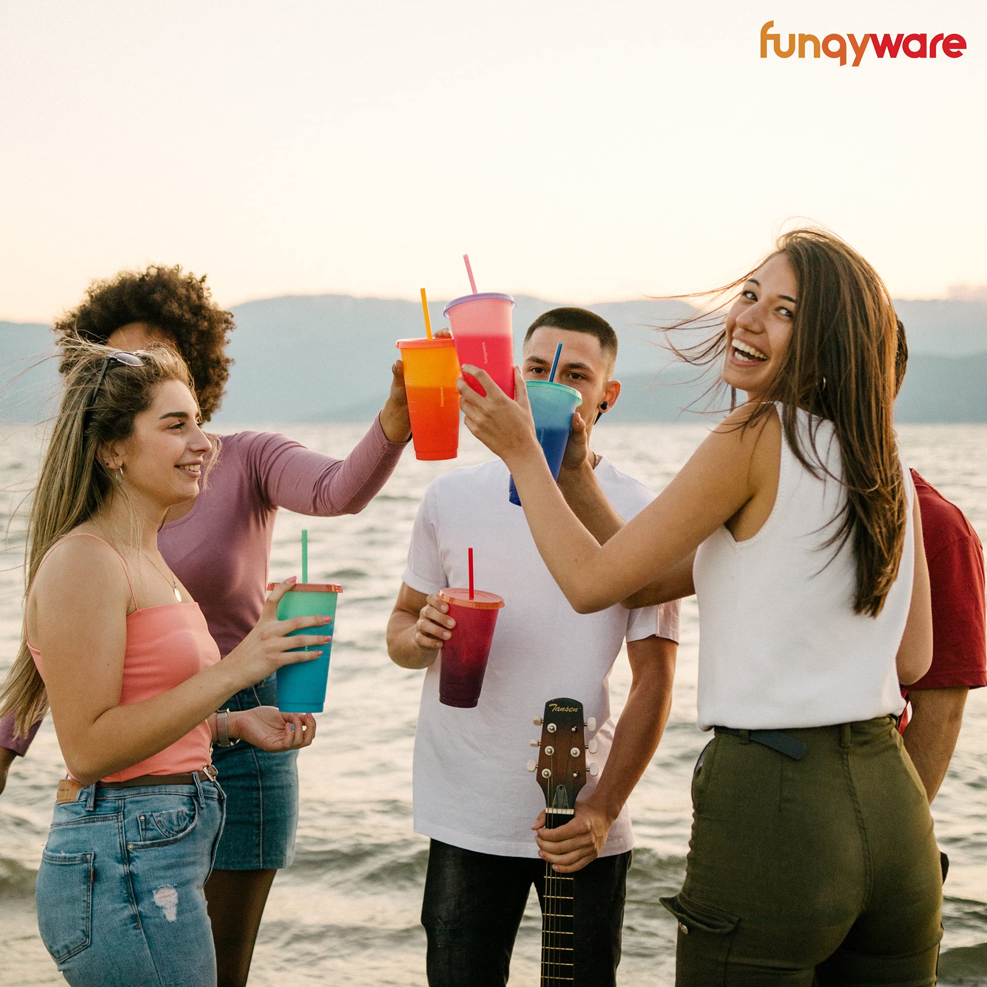 Color Changing Cups with Lids and Straws for Adults - 5 x 24oz Reusable Cups with Lids and Straws, Bulk Plastic Cups with Lids and Straws for Kids Women, Cold Iced Coffee Cups & Party Water Tumbler