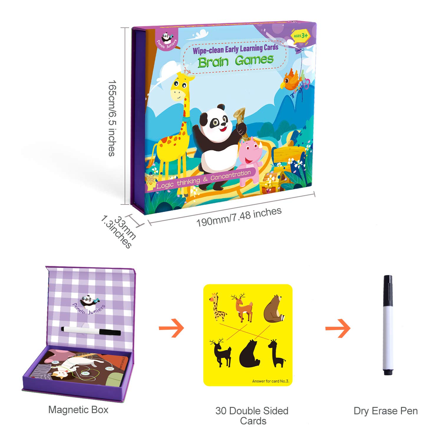 Panda Juniors Brain Games Flash Cards, Early Learning Flash Cards Toys Write and Wipe Practice Card, Preschool Educational Toys for 3 4 5 6 7 8 Years Old (30 Flashcards and Marker)