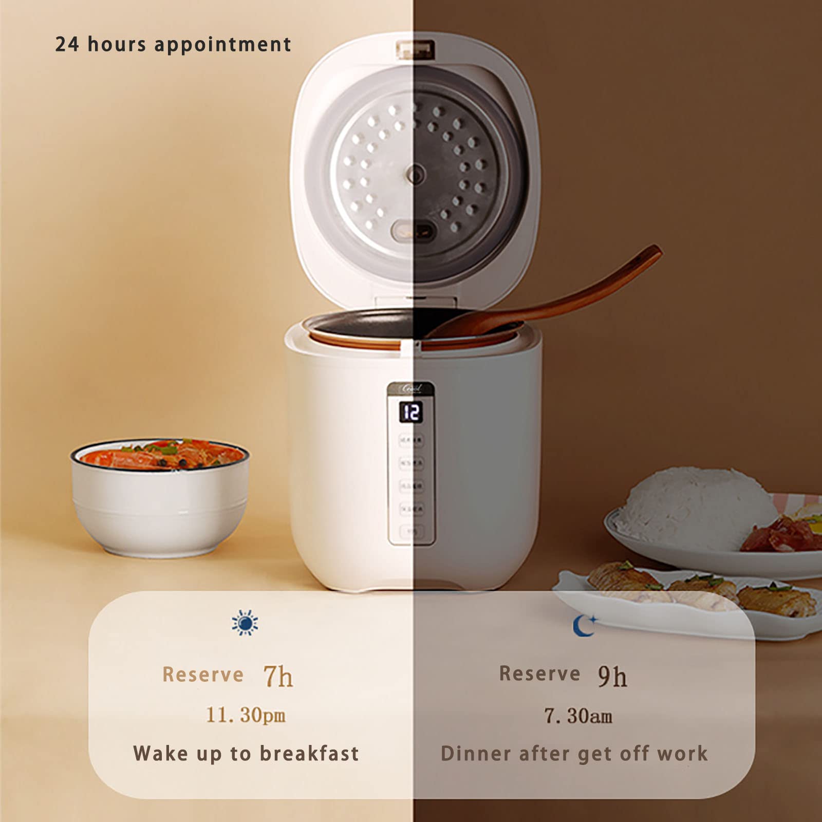 BJHYN Rice Cooker Slow Cooker, Steamer, Stewpot Non Stick Inner Pot One Key to Open The Cover 24 Hours Preset & Instant Keep Warm 1.2L Capacity Multi Cooker