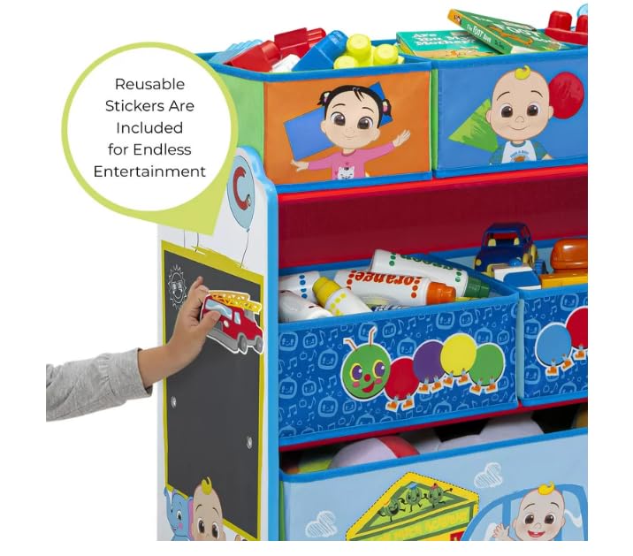 PZCXBFH CoComelon 4-Piece Toddler Playroom Set by – Includes Play Table with Dry Erase Tabletop and 6 Bin Toy Organizer with Reusable Vinyl Cling Stickers, Blue/Multi