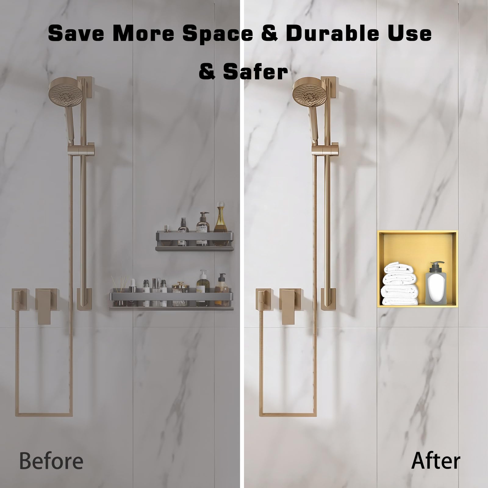 Elefloom Shower Niche, Stainless Steel Modern Bathroom Niche, No Tile Needed Recessed Shower Shelf Organizer for Storage, Golden, 12"×12"