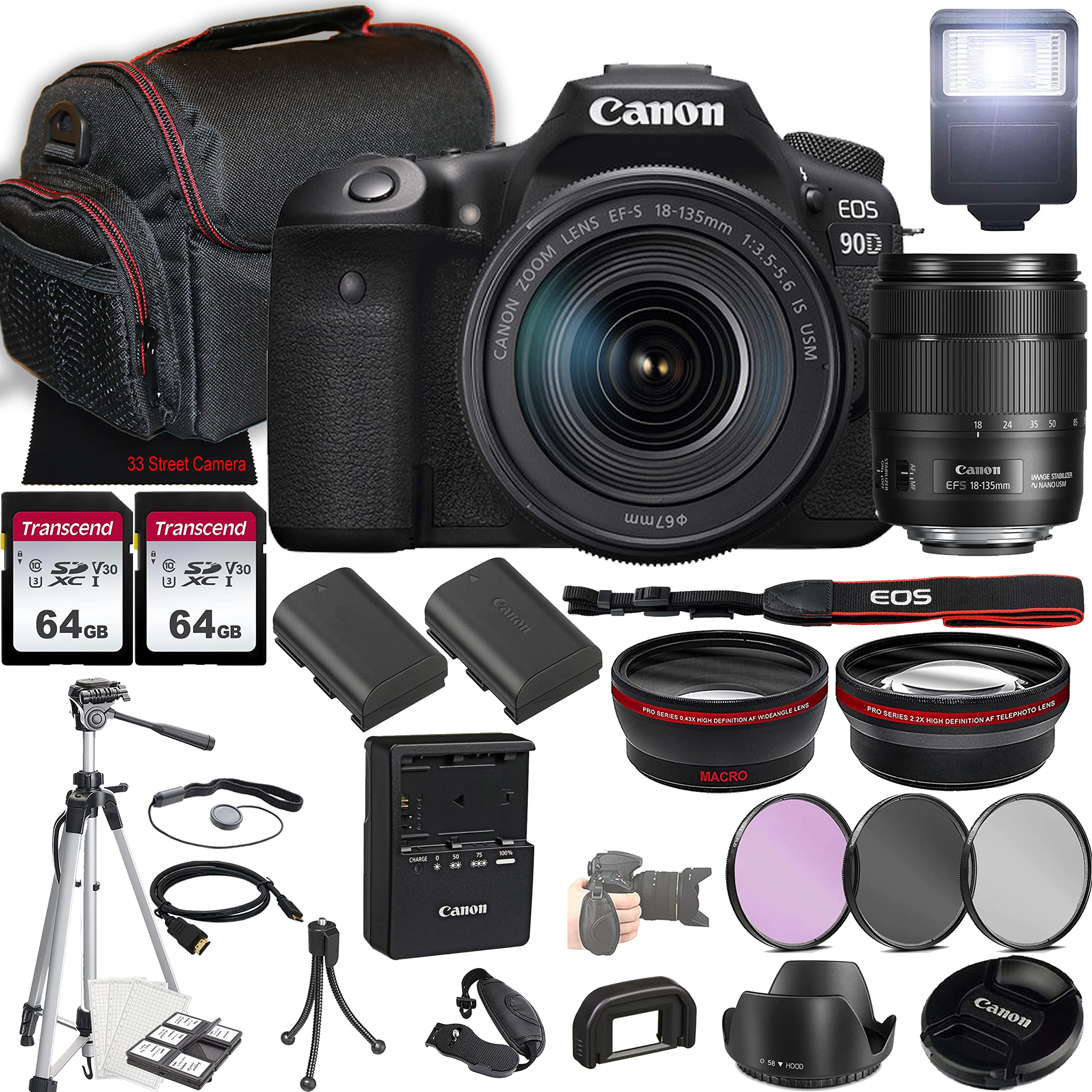 Canon EOS Rebel 90D DSLR Camera w/EF-S 18-135mm f/3.5-5.6 is USM Lens + 2X 64GB Memory + Case + Filters + Tripod + More (35pc Bundle)