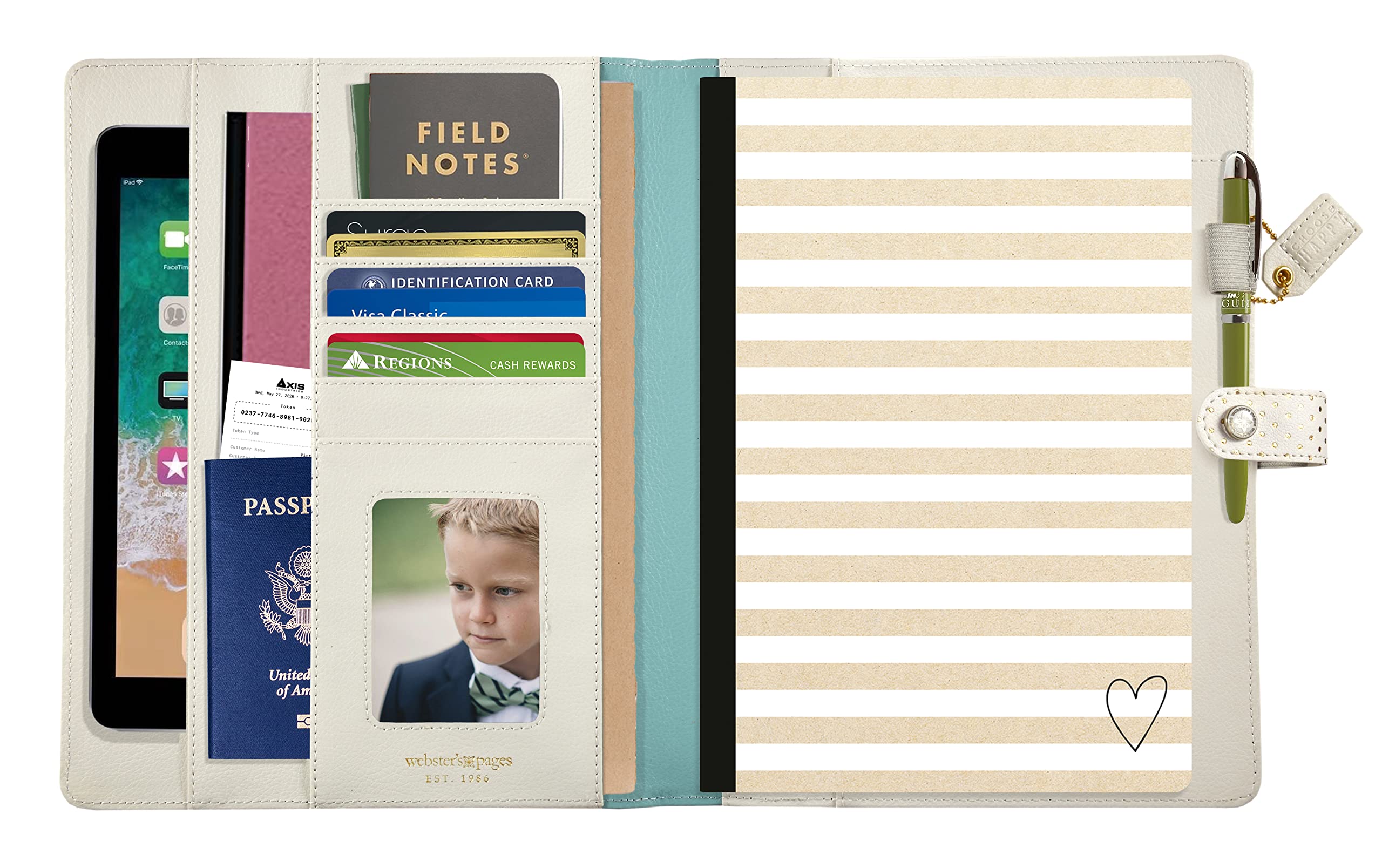 Business PU Leather Portfolio Binder by Webster's Pages, Padfolio for Women with Composition Notebook - White, Gold Polka Dot 8.25 X 10.75”