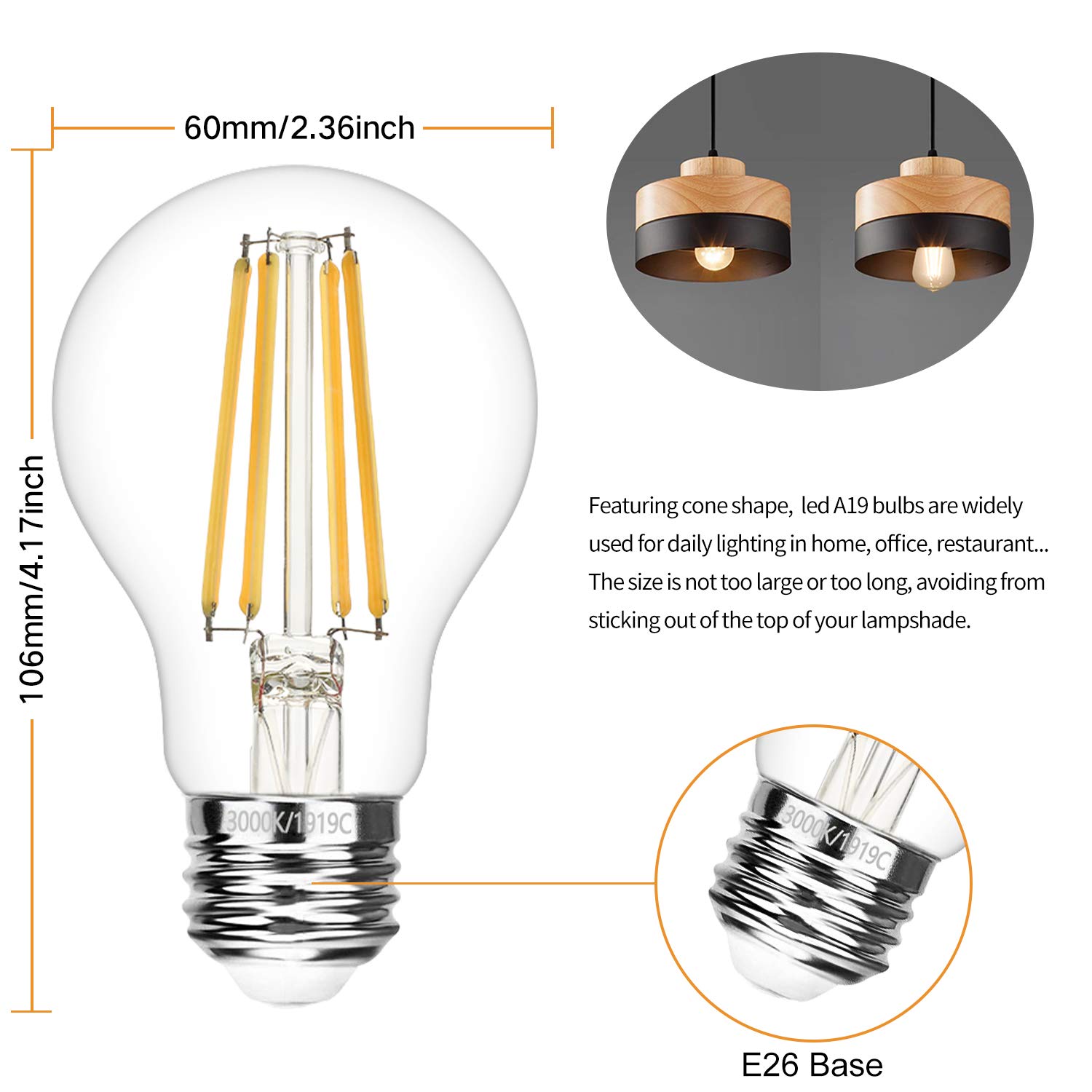 Boncoo A19 LED Edison Bulb Dimmable 6W LED Filament Light Bulbs 60W Incandescent Equivalent Led Vintage Bulb 3000K Soft White 620LM E26 Medium Base Clear Glass for Home, Office, 6 Pack