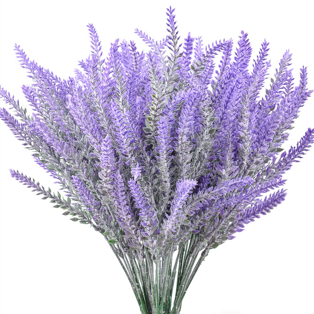 XONOR 12 Bouquets Artificial Flocking Lavender Flowers Fake Lavender Plant for Wedding Home Decor Office Table Garden Patio Decoration (Purple)