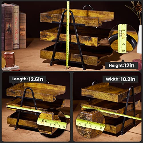 HOYRR Wood Desk Organizer, Wood Letter Tray Organizer, 3-Tier Wood Paper Tray, Rustic Desk File Tray for School Office Supplies Documents Workspace Organizer