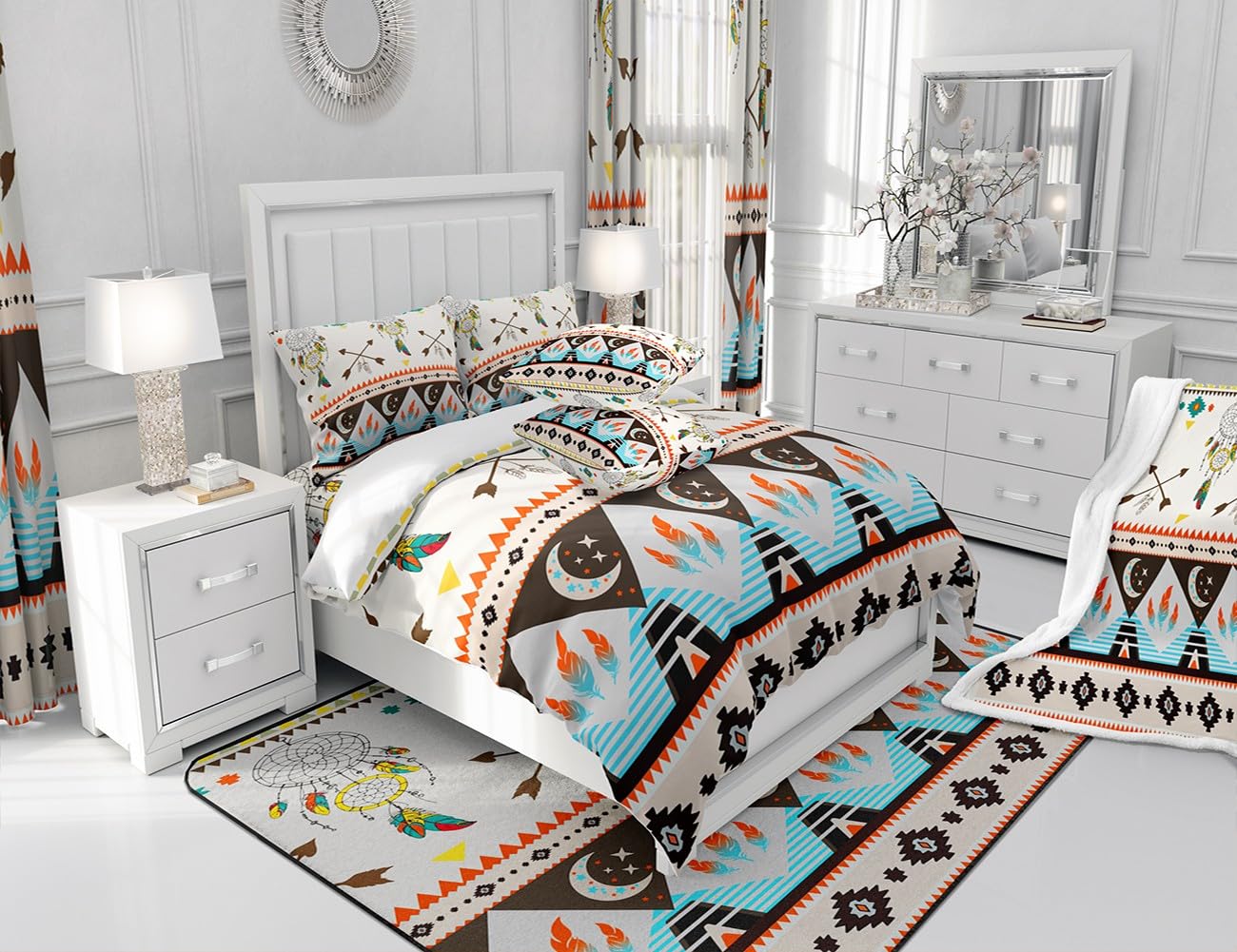 Feelyou Geometric Comforter Full Size with 2 Pillow Cases Dreamcatcher Decor Comforter Set Aztec Geometric Bedding Set Modern Art Quilted Duvet Set for Boys Girls Kids Adults