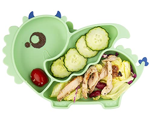 Linowos Silicone Suction Plate for Toddlers - Self Feeding Training Divided Plate Dish and Bowl for Baby and Toddler, Fits for Most Highchairs Trays (Green)