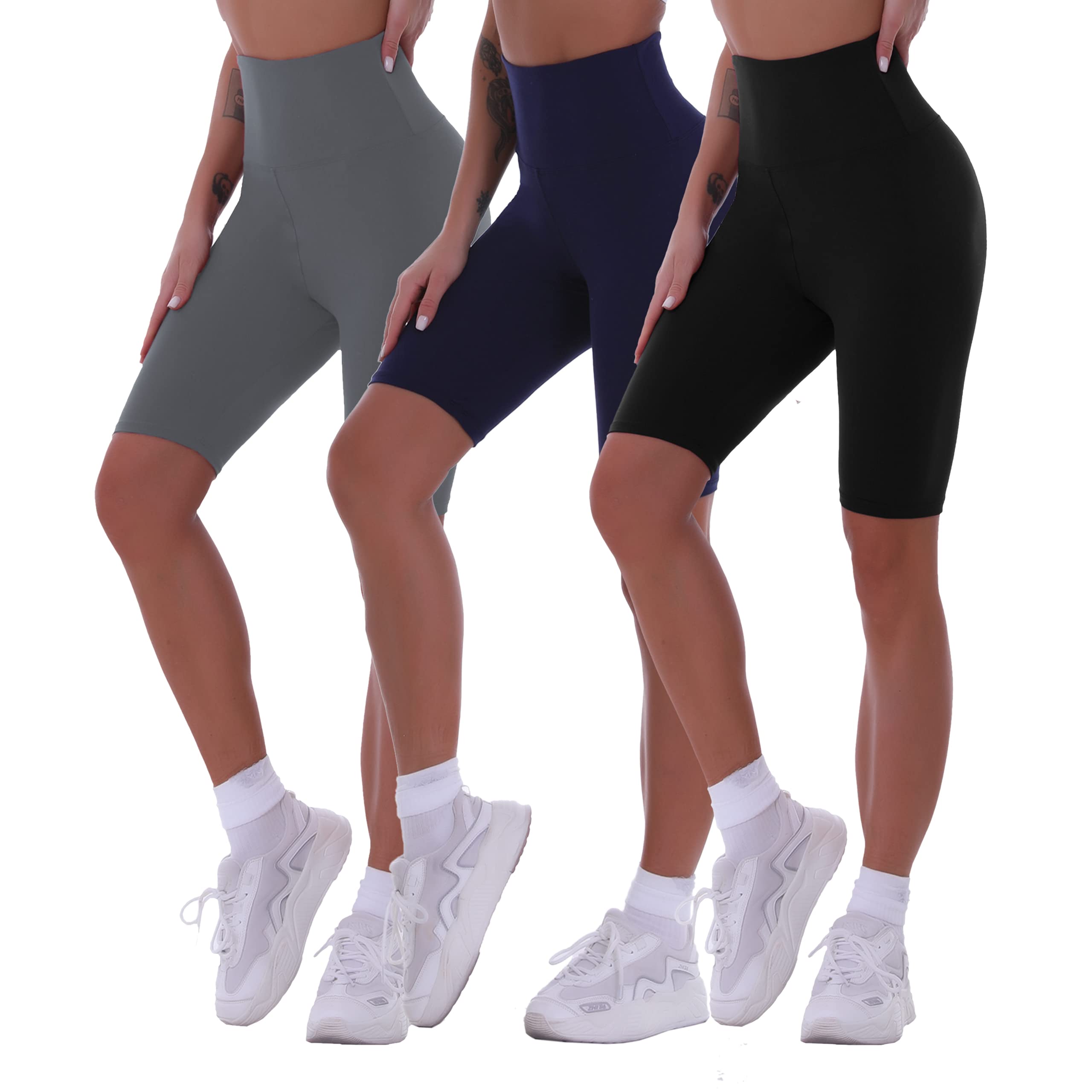 CASRUNCLO Biker Shorts for Women High Waisted 8" Soft Opaque Spandex Workout Shorts for Athletic Running Yoga 3 Pack Black Gray Navy Blue