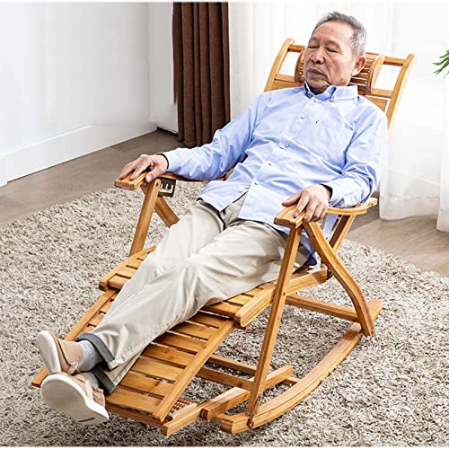 Lounge Chair, Wood Rocking Chair - Foldable Patio Rocker Bench with Pad, Adjustable Recliner for Garden Backyard (Color : with Brown Cushions, Size : with Blue Cotton Pad)