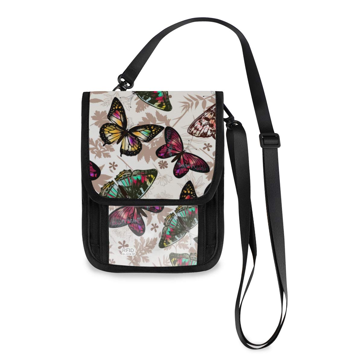 RFID Blocking Travel Neck Wallet - Butterfly Beautiful Passport Holder Neck Pouch for Women Men Waterproof Cash Documents Crossbody Pouch