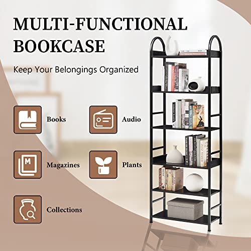 Merax Bookshelf, 6-Tier Bookcase with 4 Hooks, 70.8 Inch Tall Industrial Wood Storage Rack, Arched Open Shelves for Home Office, Living Room, Bedroom, Kitchen