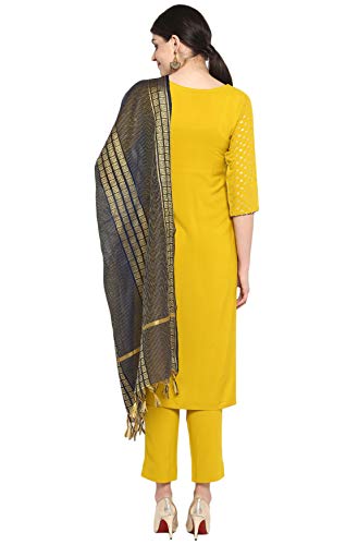 Janasya Indian Women's Mustard Poly Crepe Kurta With Pant And Dupatta(SET197-KR-NP-L)