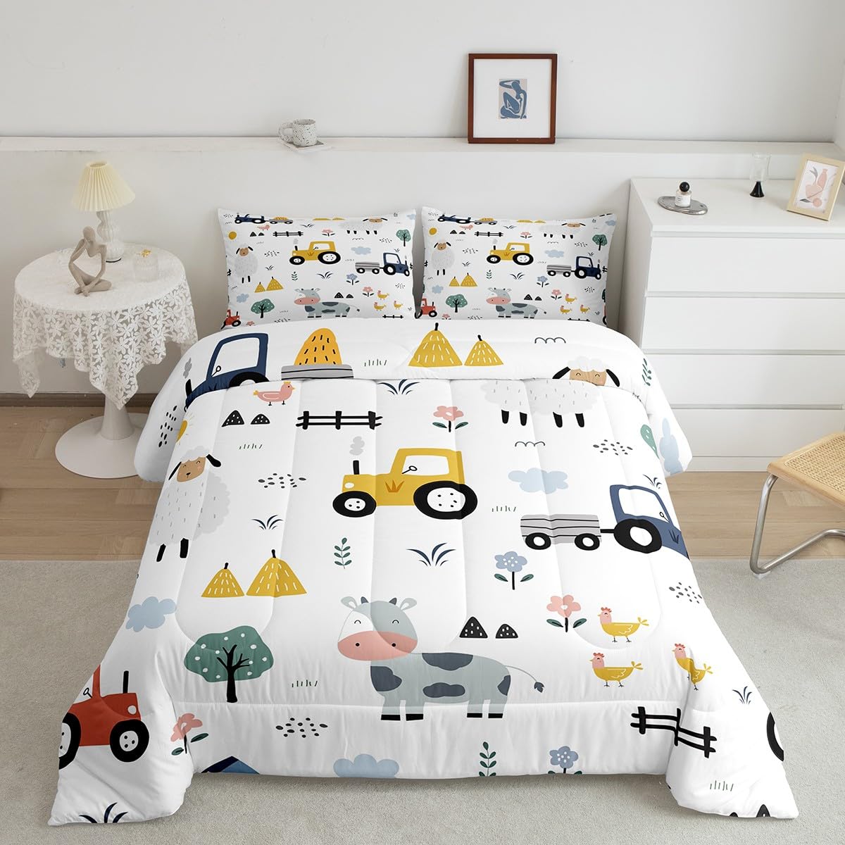 Feelyou Tractor Bedding Set Twin Size Cartoon Farm Equipment Trucks Comforter Set for Kids Boys Girls Decor Farm Animal Comforter Set Microfiber Farm Nursery Decor Duvet Set Bedroom Quilt Set
