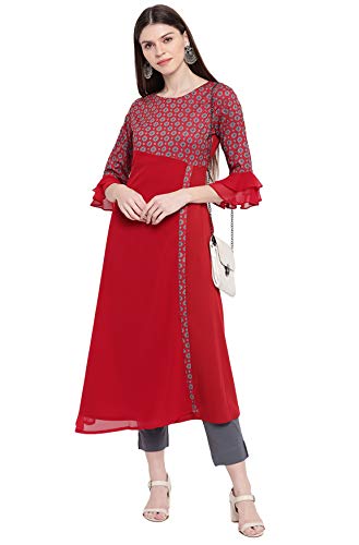 Janasya Indian Women's Maroon Poly Crepe Kurta(JNE3607-KR-XXL)