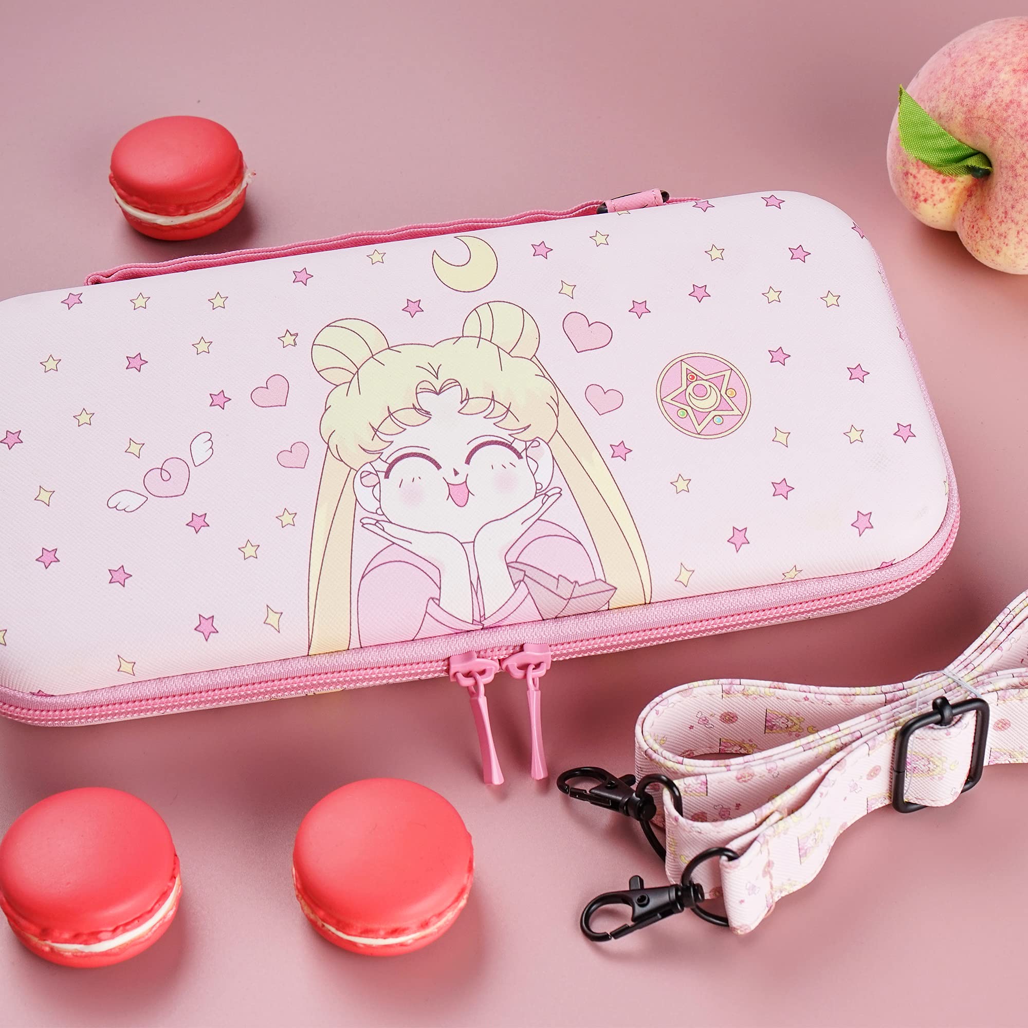 RHOTALL Case Compatible with Nintendo Switch & Switch OLED Carrying Case 2 in 1 Shoulder & Hand Strap, Protective Hard Portable Travel Carry Case Shell Pouch for Switch Accessories (Moon Pink)