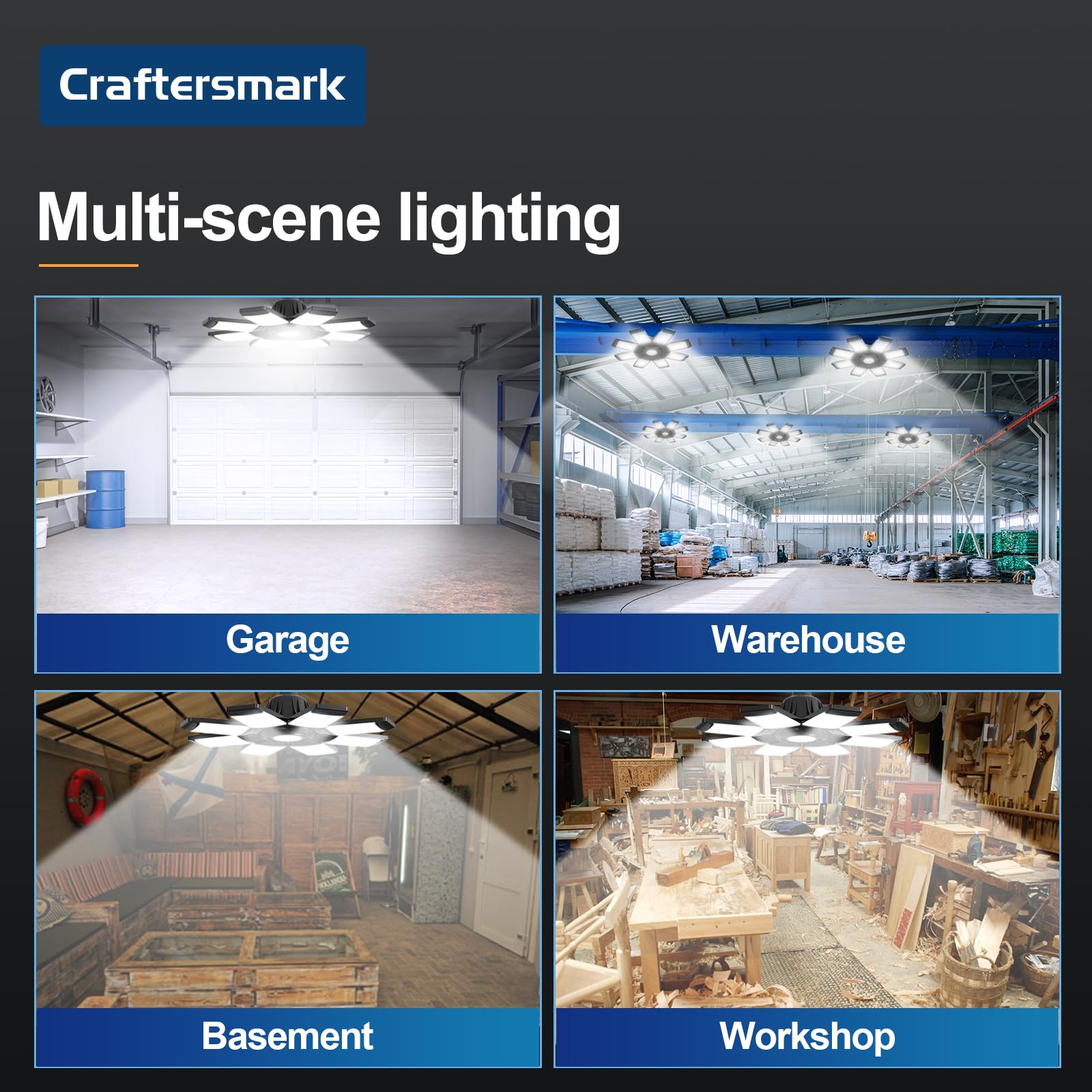 Craftersmark 2 - Pack LED Garage Lights 250W - 6500K Garage Lights Ceiling LED, 25000LM Deformable LED Garage Lighting Fixture, Shop Lights for Garage, Basement, Barn, High Bay Light