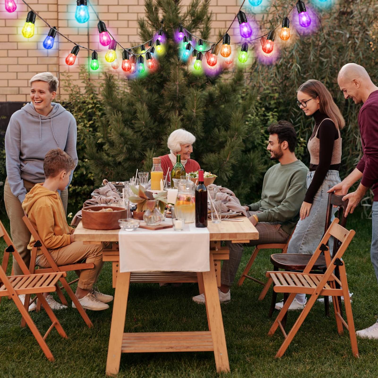 Waterproof 48 FT RGB Solar String Light Outdoor with 16 S14 E26 Shatterproof LED Bulbs, Solar Powered Patio Lights String with Remote Control for Backyard Garden Party.
