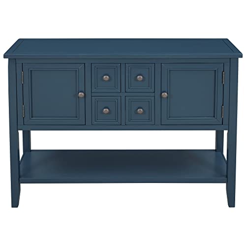 Merax Farmhouse Entryway Console Sofa Table for Living Room, Sofa Table with Storage Drawers and Shelf for Dining Room, Wood Narrow Kitchen Sideboard Cabinet with Door, Antique Navy