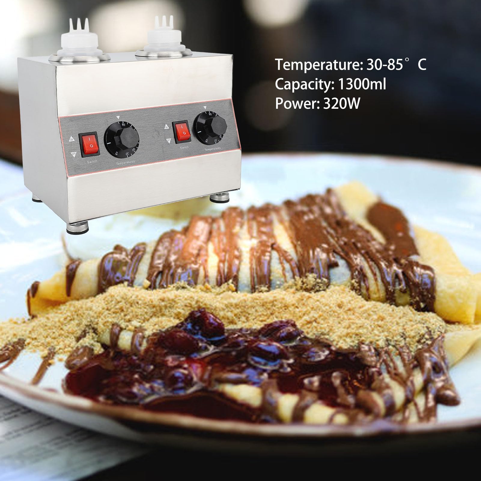 Double Bottle Nacho Cheese Warmer 1300ml Commercial Sauce Heater with Adjustable Temp, Hot Fudge Warmer for Cheese Dispensing & Caramel