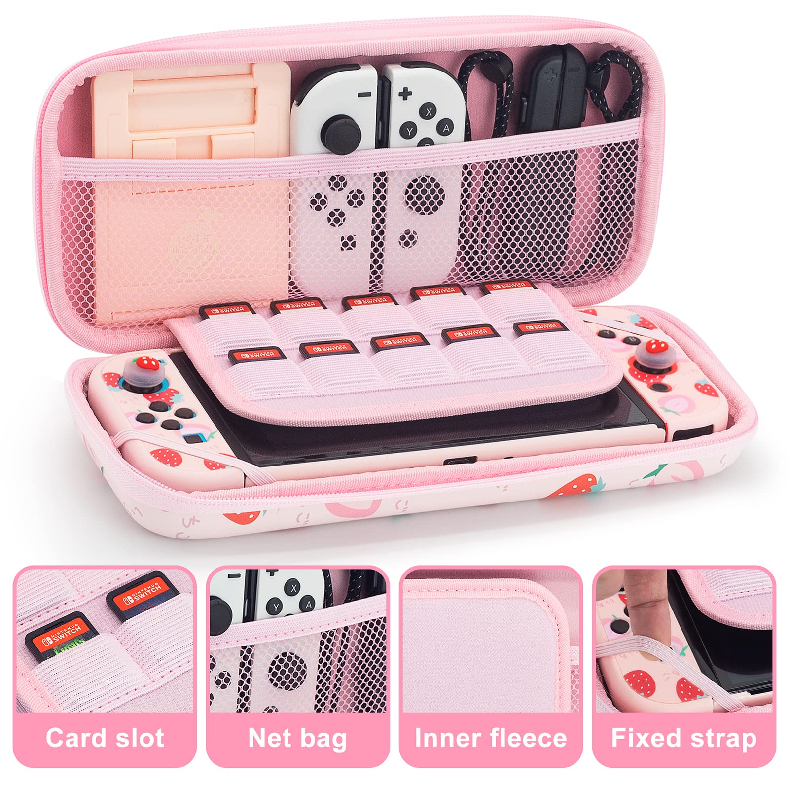 BRHE Cute Carrying Case Compatible with Nintendo Switch with Dockable Protective Cover/Tempered Screen Protector /Thumb Grip Caps,Pink Accessories Bundle for Girls