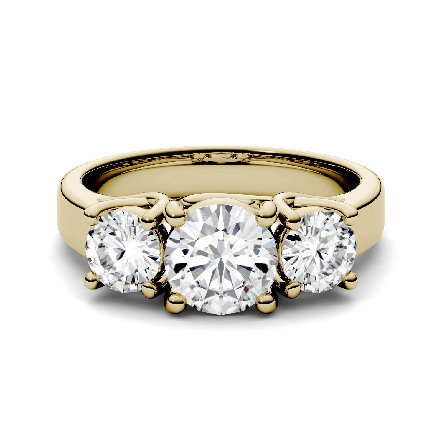 Charles & Colvard Created Moissanite 6.5mm Round Cut Three Stone Ring for Women | 2 cttw DEW | Lab Grown | Solid 14K Yellow Gold | Size 7