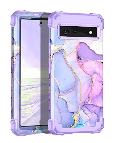 Hekodonk for Google Pixel 6 Case,Heavy Duty Shockproof Protection Hard Plastic+Silicone Rubber Hybrid 3 in 1 Drop Protective Case for Google Pixel 6 Purple Marble