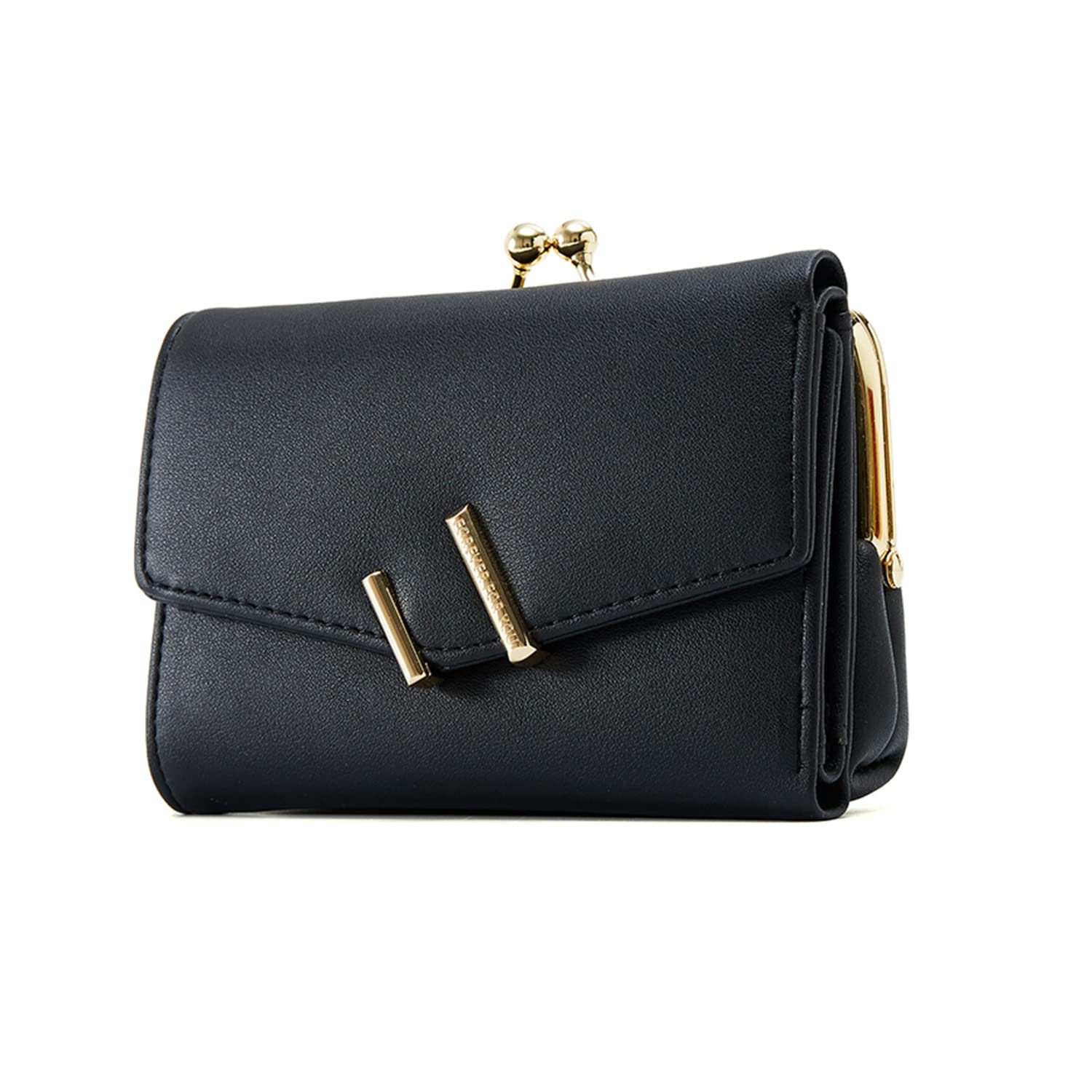 CornerLife Womens 2 in 1 Leather Wallet Small Coin Purse Compact Trifold Wallet for Women with Kiss Lock (Black)