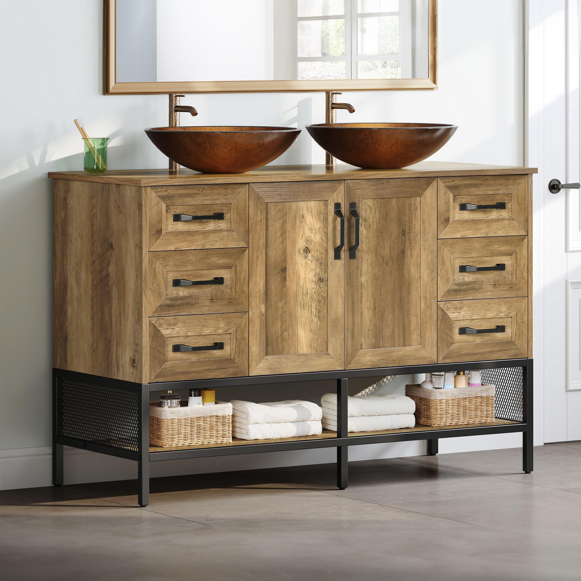 DWVO 48" Double Rustic Bathroom Vanity, Dark Brown Bathroom Vanity with Double Sink and Drawers Side Cabinet Combo Set & Shelf, Iron Wood Bathroom Cabinet with Boat Tempered Glass Vessel Sink