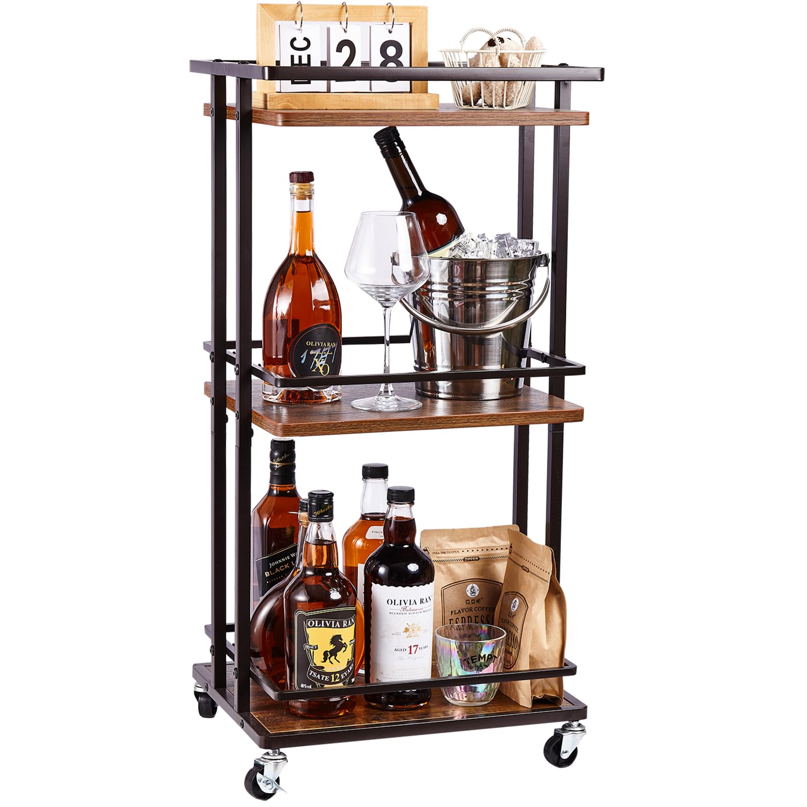 Feemiyo 3-Tier Bar Cart, Serving Bar Cart for Home with Large Storage Space, Made of Wood and Metal with Wheels,Multifunctional cart Suitable for Home Bars, Kitchens, Living Rooms, and bedrooms (Wood)