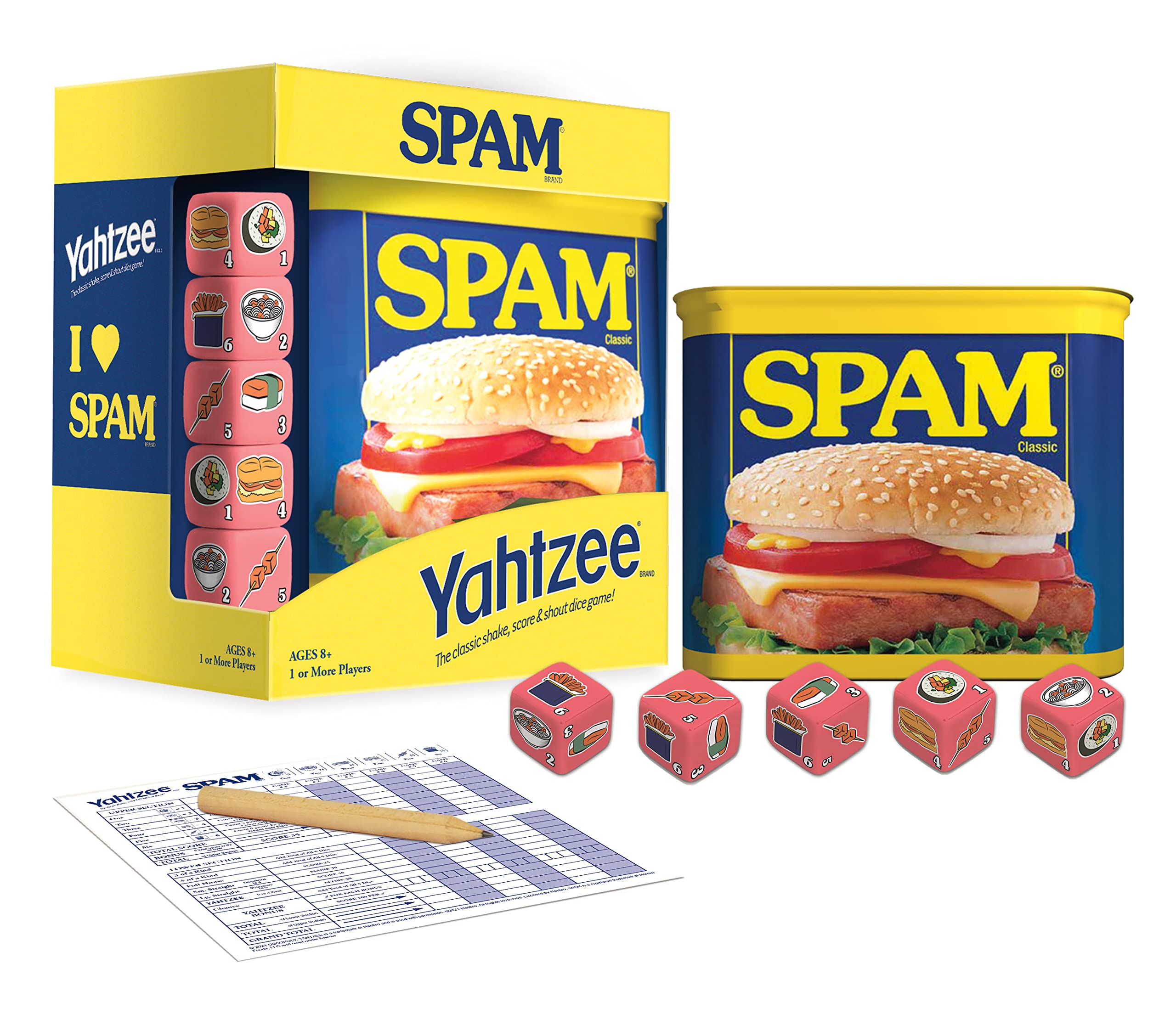 YAHTZEE Spam Brand | Collectible Yahtzee Game as Iconic Spam Can with Custom Dice | Dice Featuring Fried Spam, Spam Musubi, Spam Fries | Travel Yahtzee Game & Dice Game