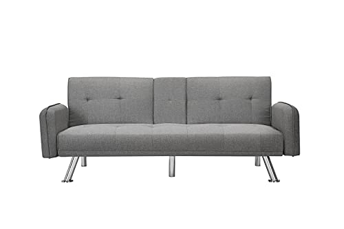 ERDAYE Folding Modern Futon Sofa Loveseat Convertible Sleeper Couch Bed for Living Room Apartment Small Space Furniture Sets with 2 Cup Holders,Metal Legs, Removable Soft Square Armrest,Light Gray