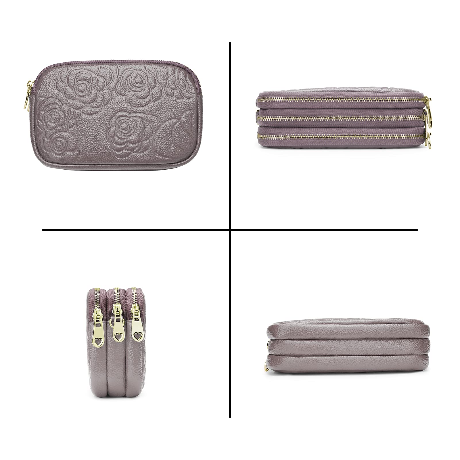 YALUXE Flower Clutch Wristlet Coin Purse Triple Zipper Pocket Womens Genuine Leather Zipper Wallet Pouch