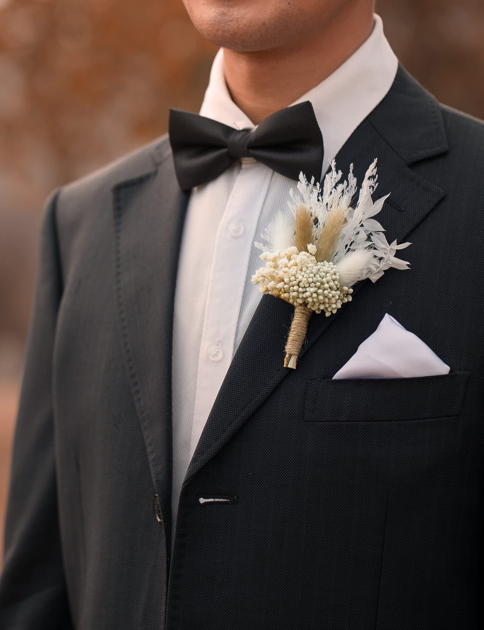 Dried Flowers Boutonnieres Set of 2 for Men Boho Fall Wedding Grooms Buttonhole Rustic Best Man Pampas Grass Dry Flower Decoration (Beige)