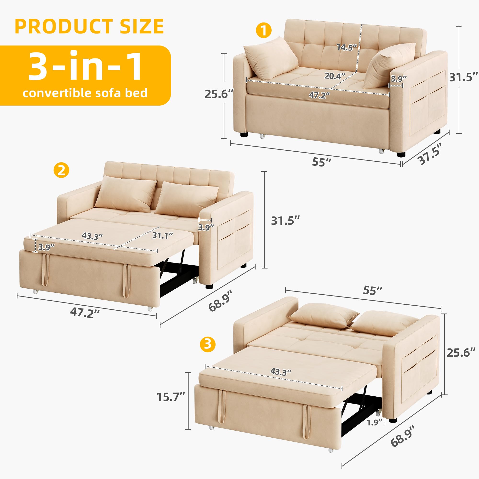 DWVO 55" Convertible Sofa Bed, 3-in-1 Sleeper Sofa with Pull-Out Bed, Velvet Futon Couch with Adjustable Backrest and Side Pocket, Modern Loveseat for Living Room Apartment, Black