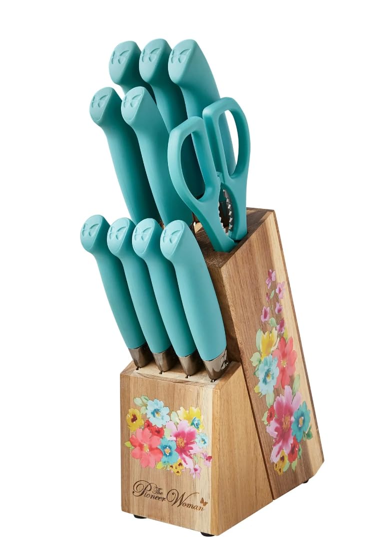 Generic Pioneer Woman 11-Piece Stainless Steel Knife Block Set, Teal, Large