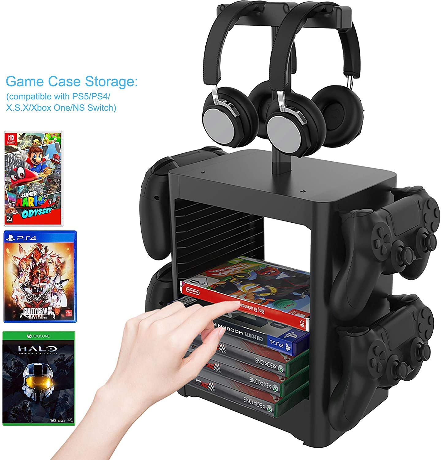 Wedorat Xbox Series X/PS5/Switch Multifunctional Game Disk Storage Tower Holder for PS5 Console, Game Disk Rack and Controller/Headset Stand Holder Compatible with Xbox Series X/Switch/PS5 Black