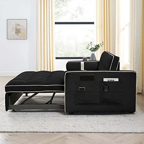 JEEOHEY Sleeper Sofa Couch w/Pull Out Bed, 55.5" New Upgraded Tufted Velvet Convertible Sleeper Sofa Bed, Small Love seat Sofa Bed w/ 2 Pillows for Small Space, Living Room, Apartment, Black