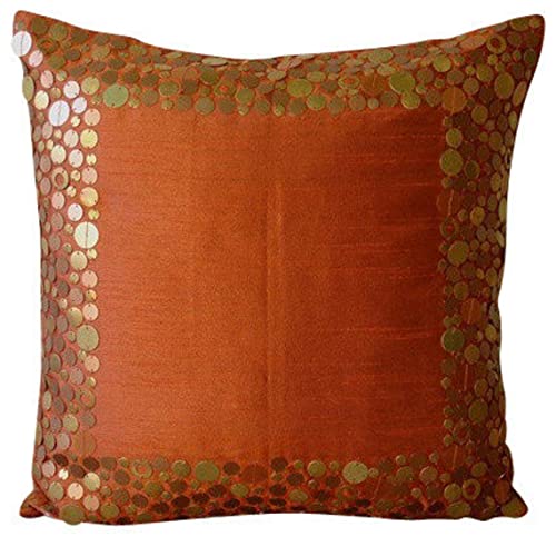 The HomeCentric Pillow Case Zip, Rust Pillows Cover, Metal Sequins Bordered Throw Pillows Cover, Throw Pillow Covers 14x14 inch (35x35 cm), Square Silk Pillows Cover, Bordered Modern - Rust Glamor