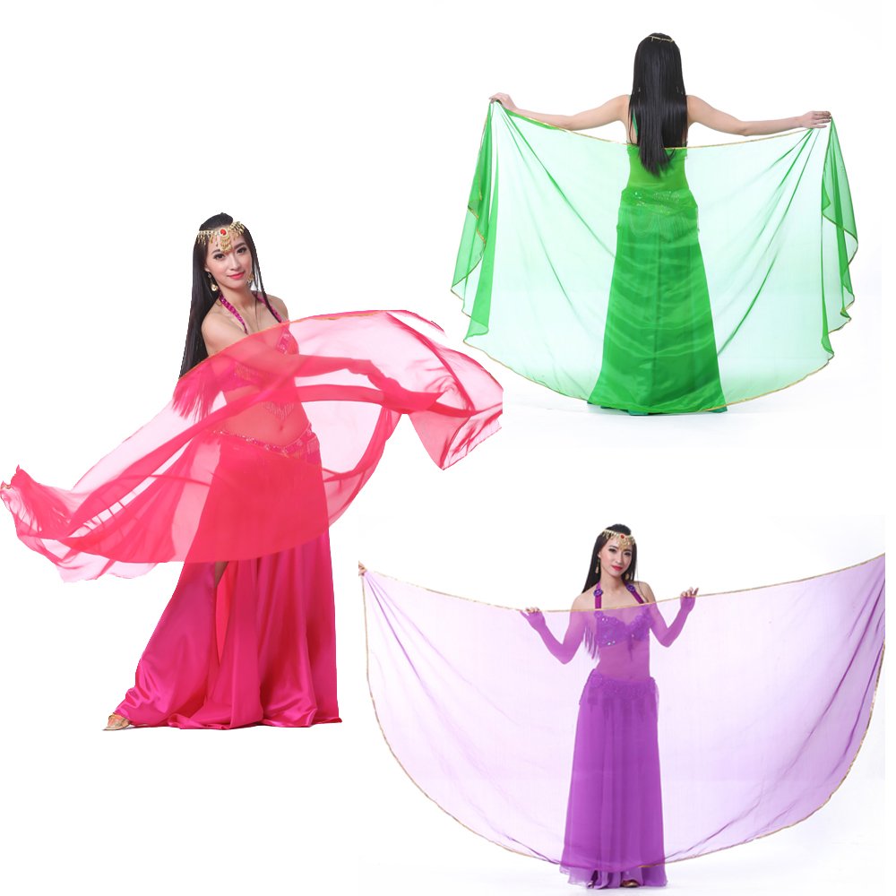 SHOWYOU 98.43" x 47.24" Lightweight Semicircle Chiffon Veil Belly Dance Scarf Blue Veil Scarf Shawls Trimed Gold Sequence (BLUE)