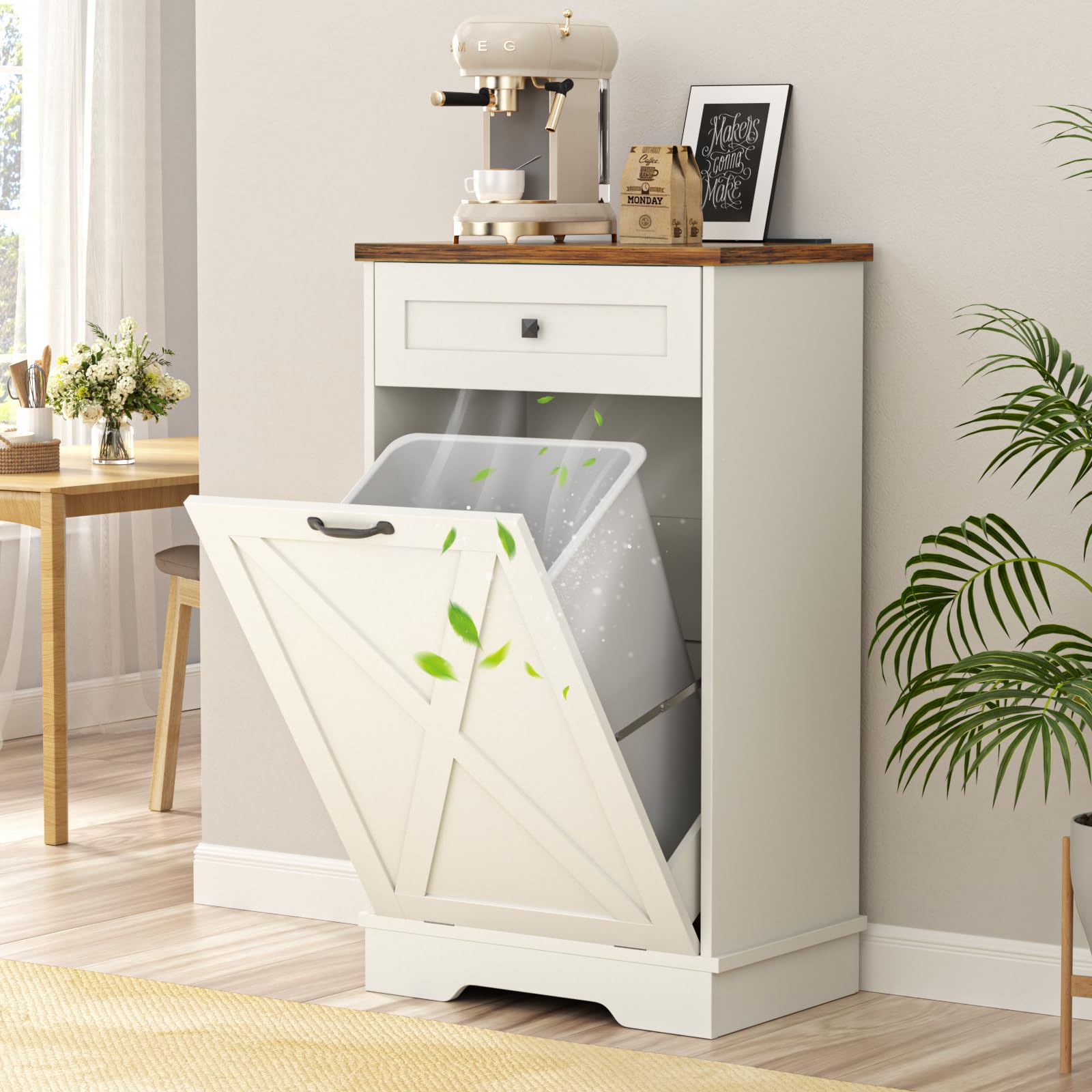 Double Tilt Out Trash Can Cabinet, 13 Gallon Hidden Trash Can Cabinet with Deodorizing Function, Farmhouse Wooden Garbage Trash Bin Cabinet for Kitchen Living Room, White