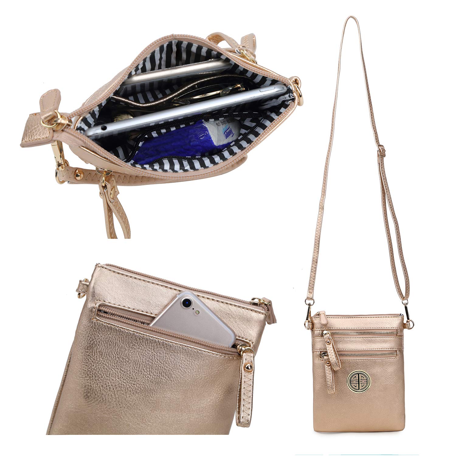 Solene Women's Faux Leather Organizer Multi Zipper Pockets With Detachable Wristlet Crossbody Bag -WU002L (Rose Gold-1)