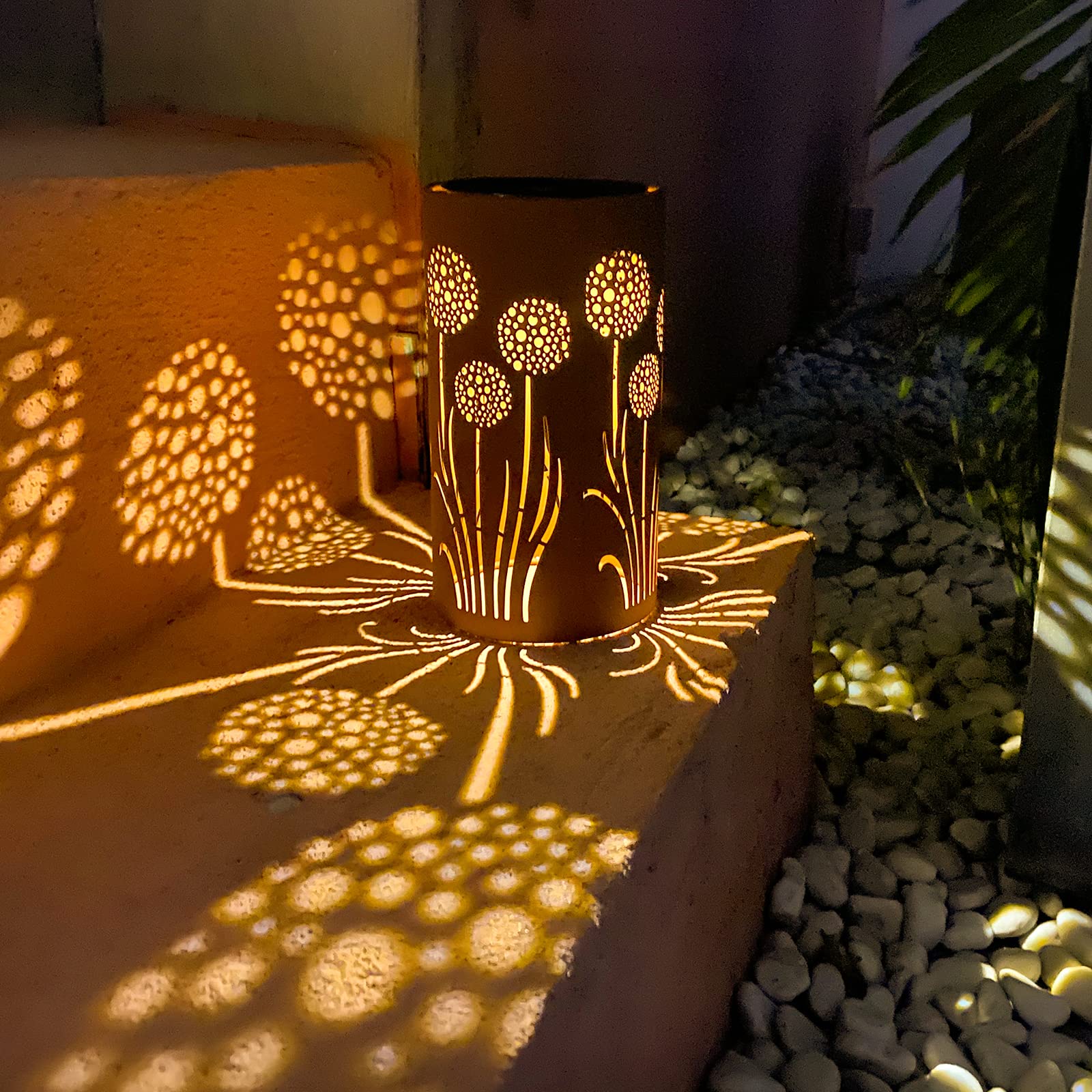 pearlstar Outdoor Solar Table Lamp 2pack Metal Dandelion Solar Lantern Lights, Retro Orange Finsih, Outside Decor for Patio Garden Yard Pathway Tabletop Waterproof(Dandelion)
