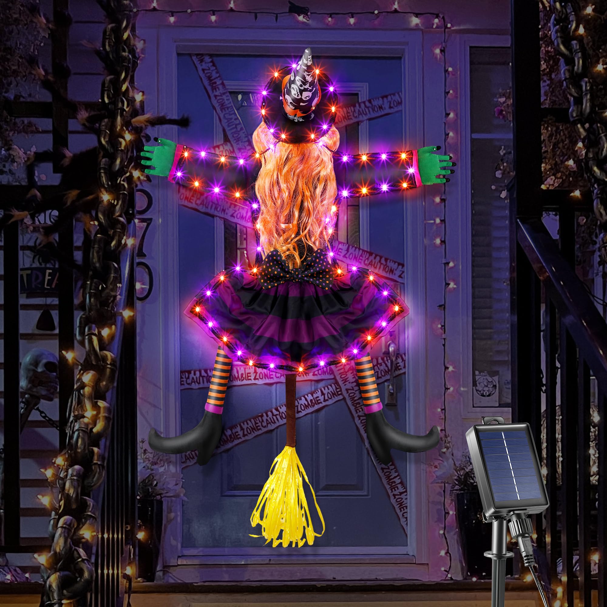 Crashing Witch into Tree Halloween Decorations (43 Inch Tall), Large Crashed Witch Sewed with Solar String Lights for Outdoor Porch Garden Patio Pathway Party Halloween Decor (Orange)