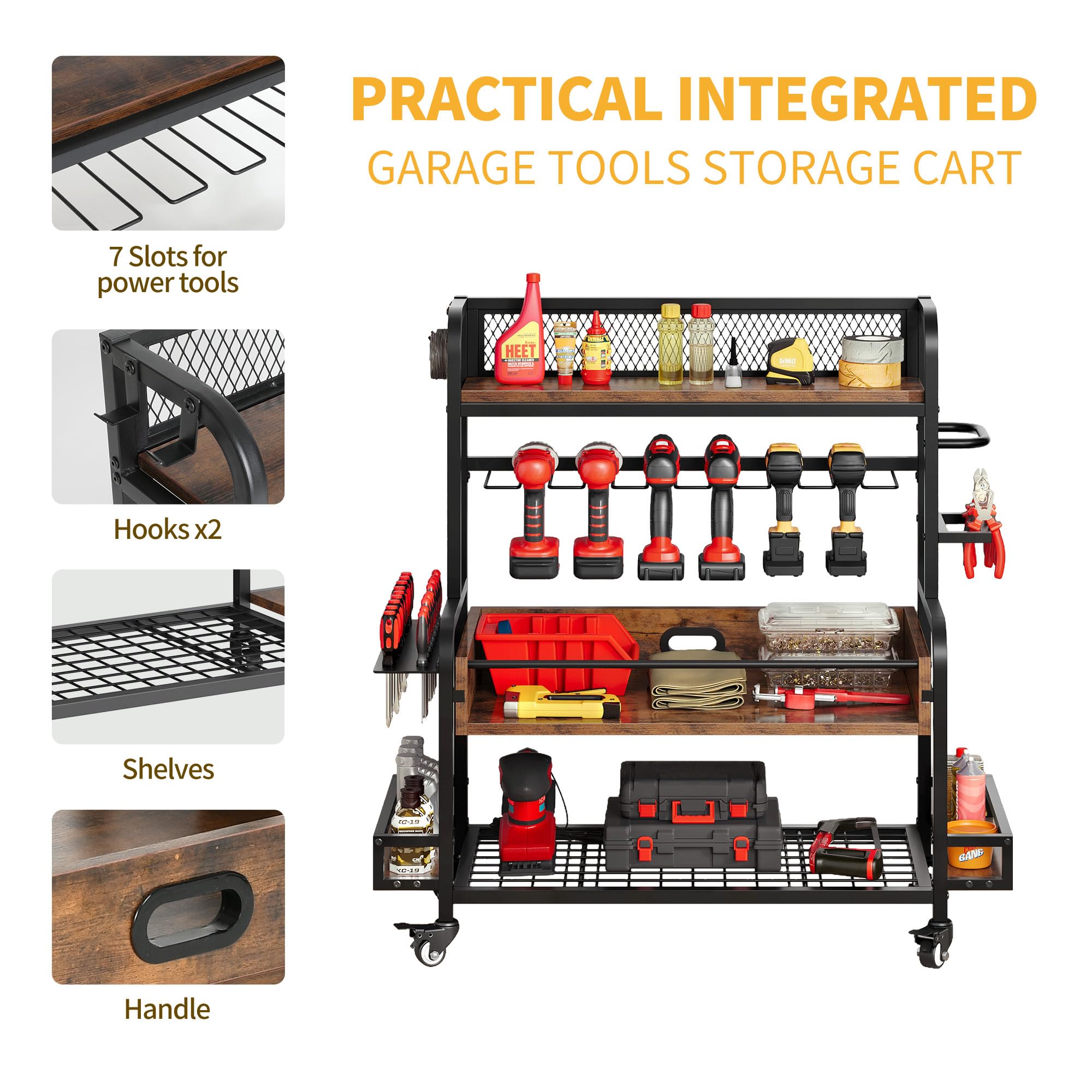 DWVO Large Power Tool Organizer Cart with Wheels, Rolling Garage Tool Organizer Cart with Movable Shelves, Power Tool Storage Cart for Mechanic Workshop Garage Gift for Men