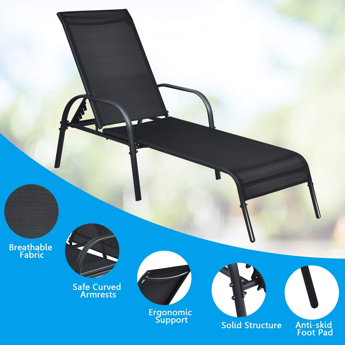 Giantex 2 Pcs Lounge Chairs Patio Furniture, Backyard Lawn Sling Chaise w/Adjustable Back, Folding Recliners for Outdoor, Black