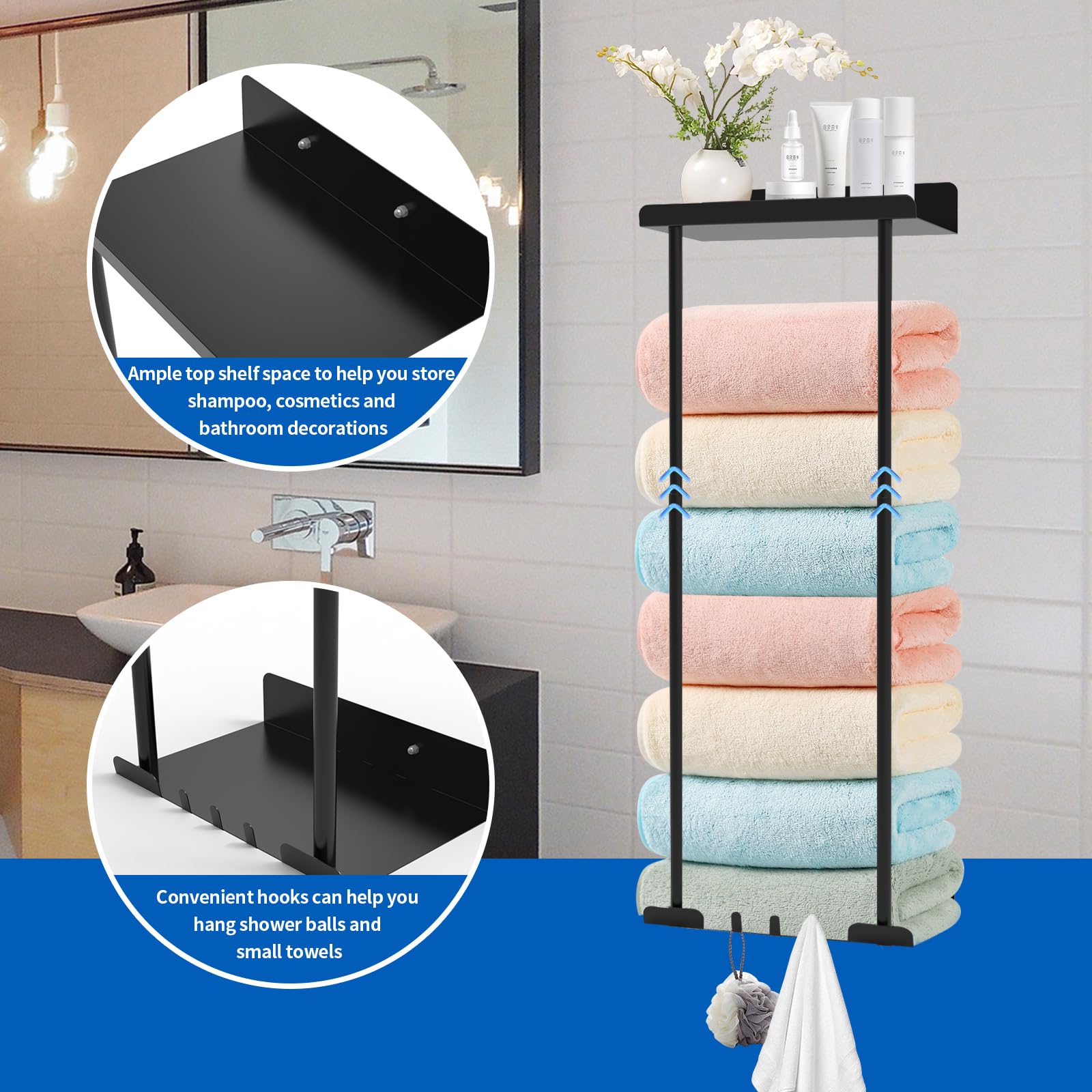 Filta Towel Rack with Shelf for Bathroom Wall Mounted,Retractable Height Metal Bath Towel Rack with Reliable Hooks Storage for Rolled Towel(Black)